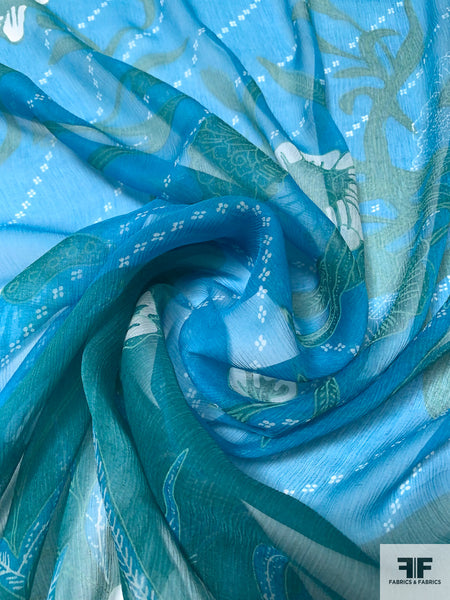 Exotic Floral Printed Crinkled Silk Chiffon Panel - Deep Turquoise/Deep ...