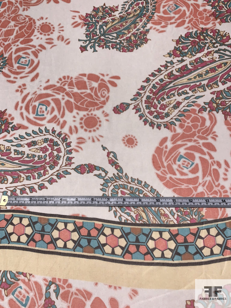 Paisley Printed Silk Chiffon Panel - Peach/Turquoise/Bright Pink/Off ...