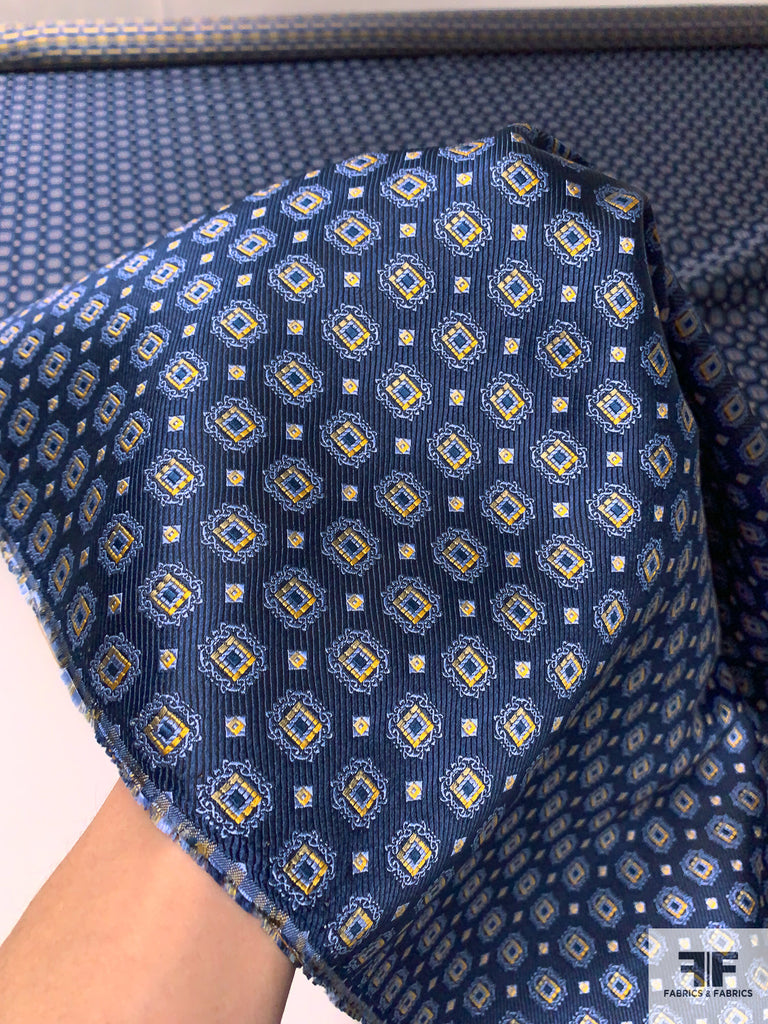 Ornate Frames Silk Necktie Jacquard Brocade - Navy/Ochre | FABRICS ...