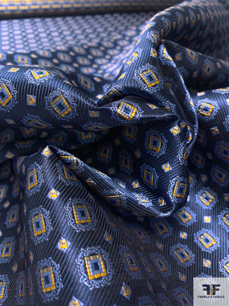 Ornate Frames Silk Necktie Jacquard Brocade - Navy/Ochre | FABRICS ...