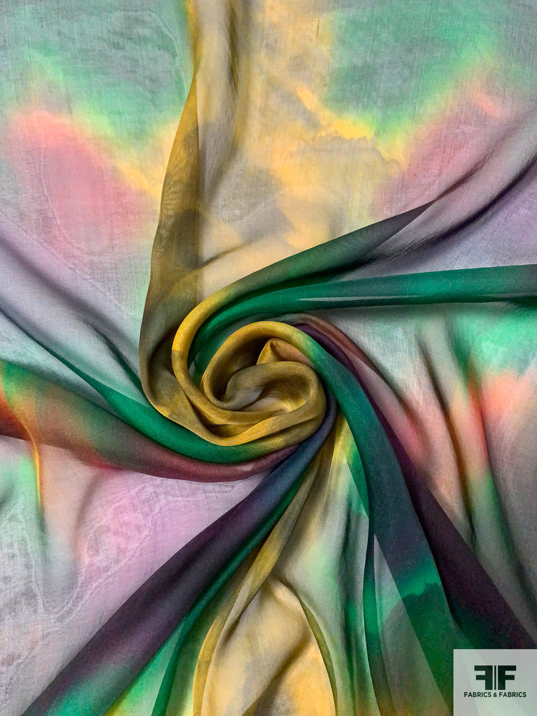 Italian Abstract Tie-Dye Printed Silk Chiffon - Green/Magenta/Yellow ...