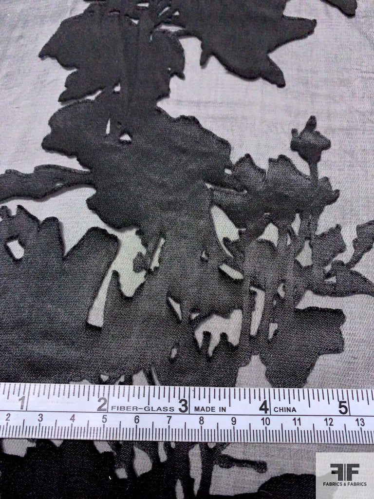 Trailing Floral Silhouette Printed Satin Burnout Silk Chiffon - Black ...