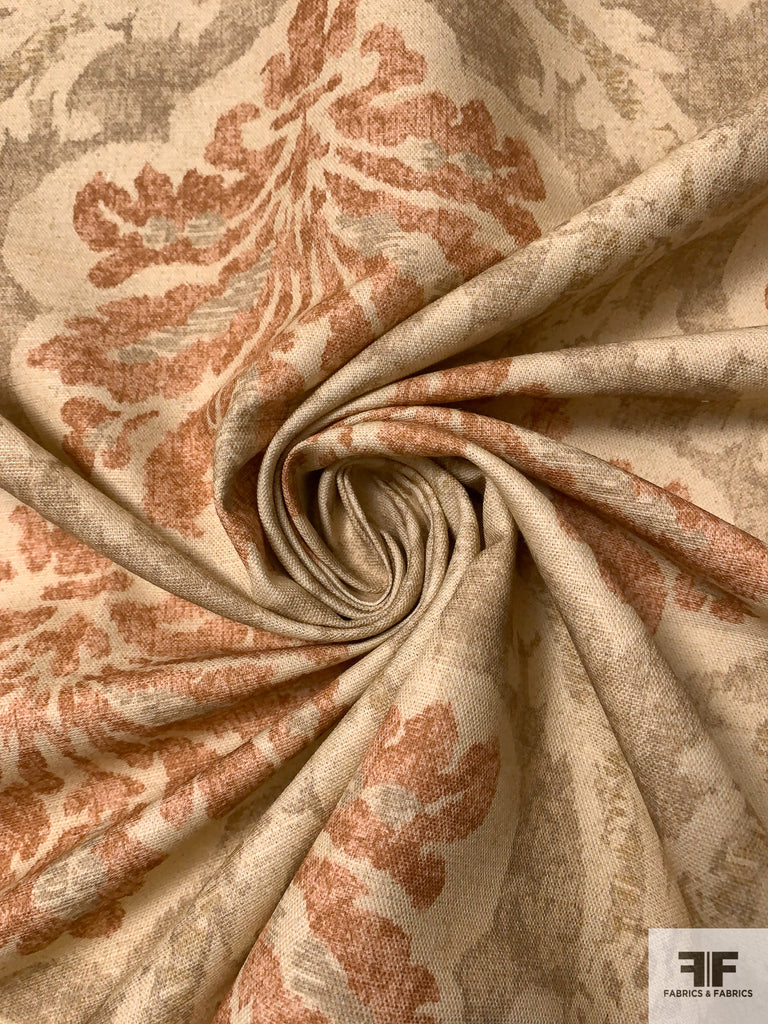 Antique-Look Damask Printed Linen-Weave Cotton - Earthy Tans/Rust/Coral ...