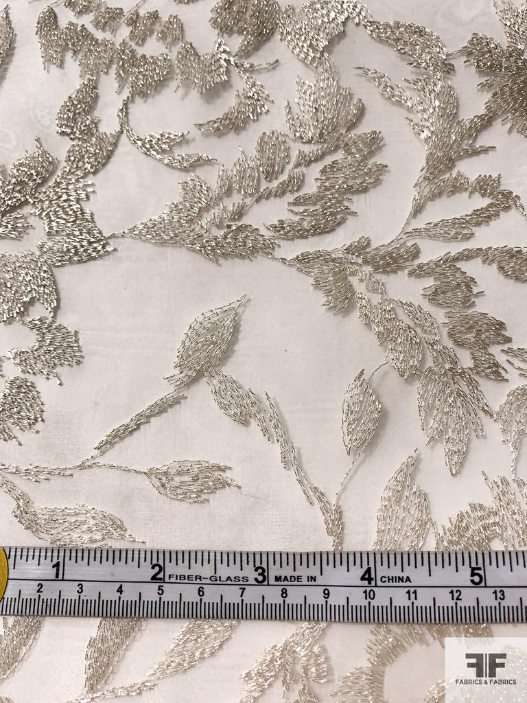 J Mendel Metallic Floral Embroidered Silk Organza - Off-White/Silver ...