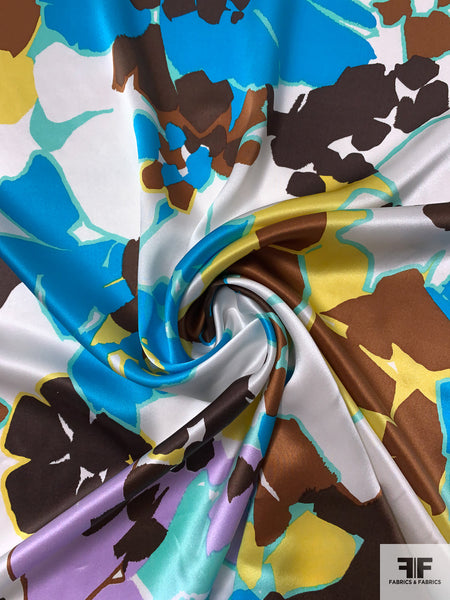 Angular Floral Printed Silk Charmeuse - Blue/Yellow/Brown/Off-White ...