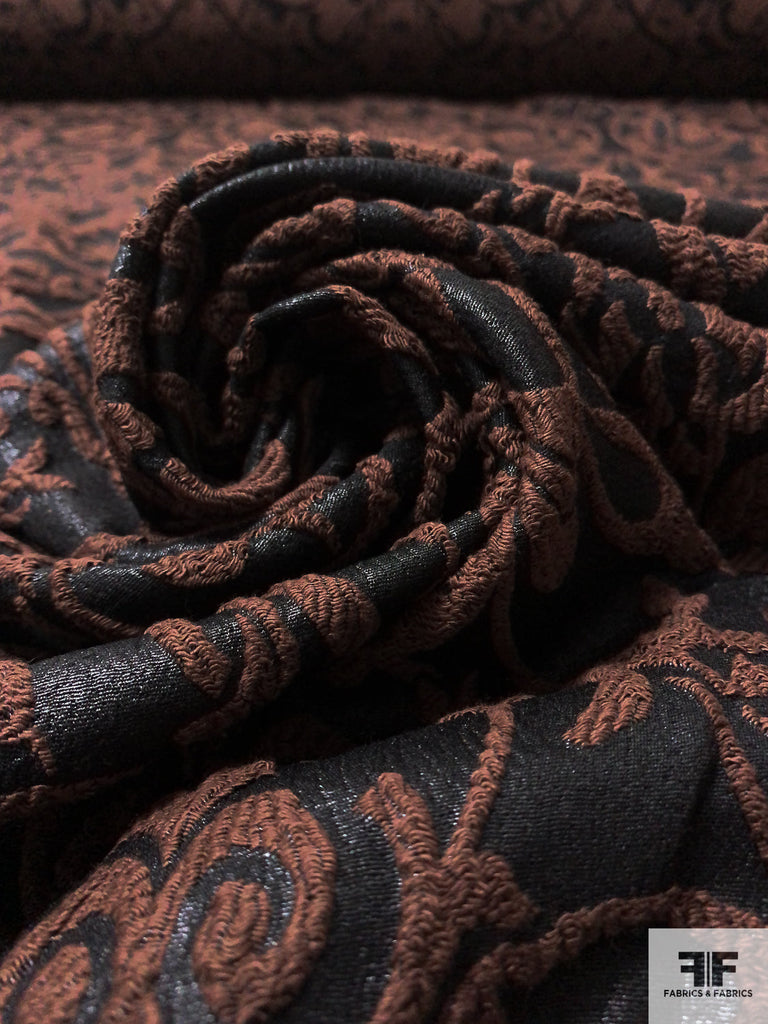 Regal Floral Vine Textured Stretch Brocade with Sheen - Brown/Black ...