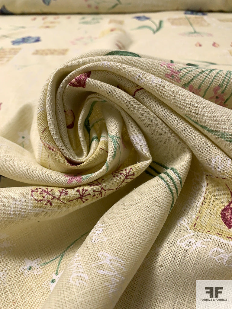 Floral and Script Writing Printed Linen - Cream / Multicolor | FABRICS ...