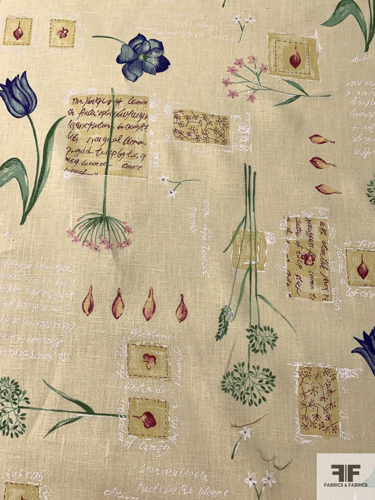 Floral and Script Writing Printed Linen - Cream / Multicolor | FABRICS ...