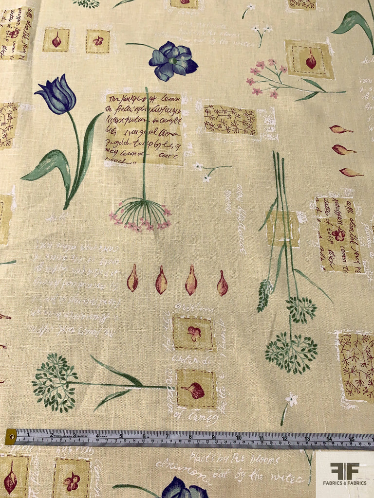 Floral and Script Writing Printed Linen - Cream / Multicolor | FABRICS ...