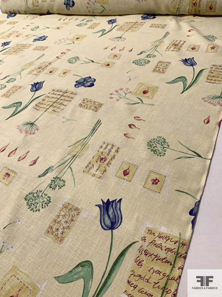 Floral and Script Writing Printed Linen - Cream / Multicolor | FABRICS ...