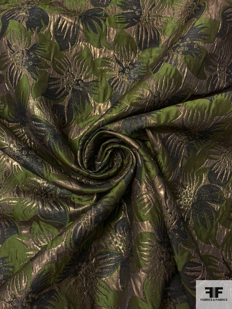 Exotic Floral Textured Metallic Brocade - Olive/Brass/Black | FABRICS ...