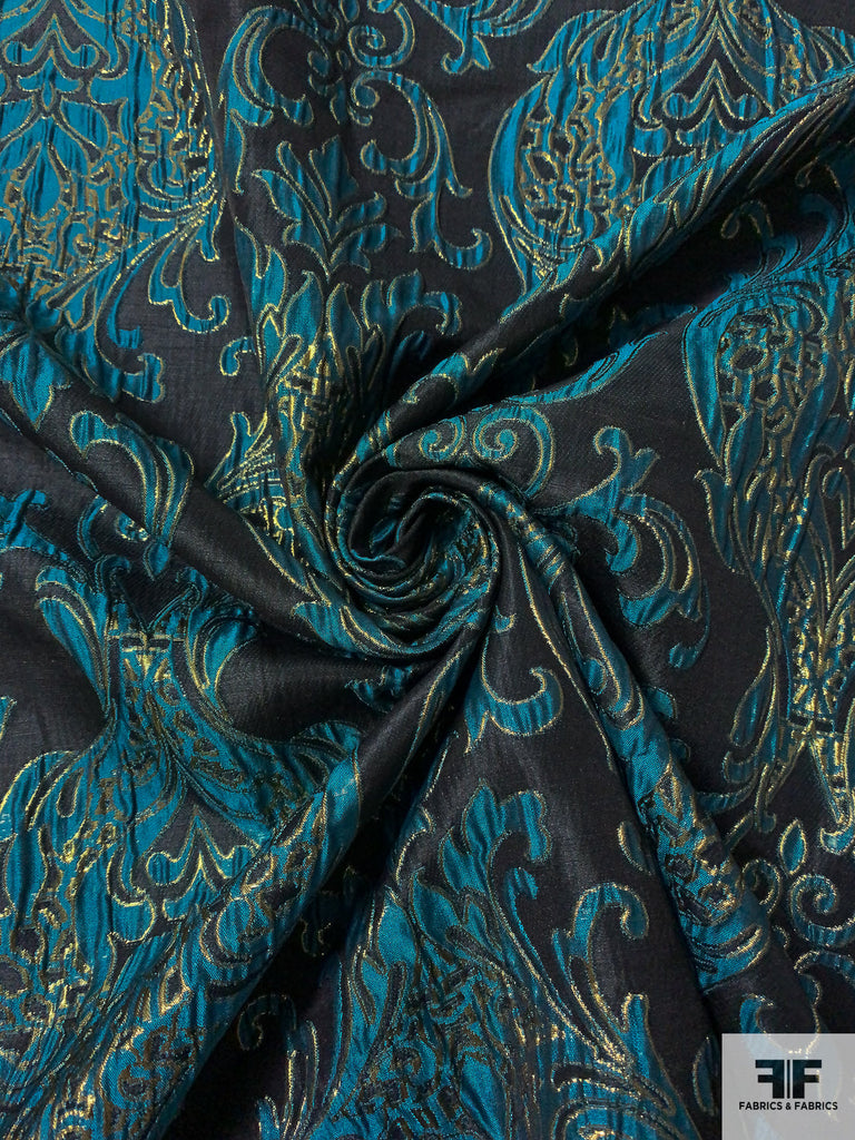 Damask Textured Metallic Brocade - Teal/Gold/Black | FABRICS & FABRICS ...