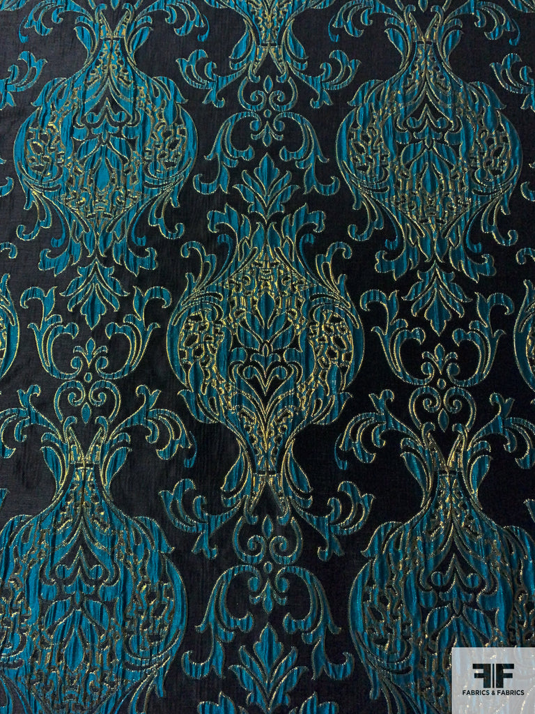 Damask Textured Metallic Brocade - Teal/Gold/Black | FABRICS & FABRICS ...