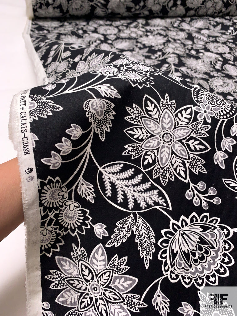 Floral Printed Fused Cotton Lawn - Off-White/Black/Light Grey | FABRICS ...