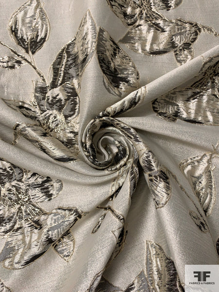 Floral Leaf Vine Textured Metallic Brocade - Icy Light Gold/Gold/Black ...