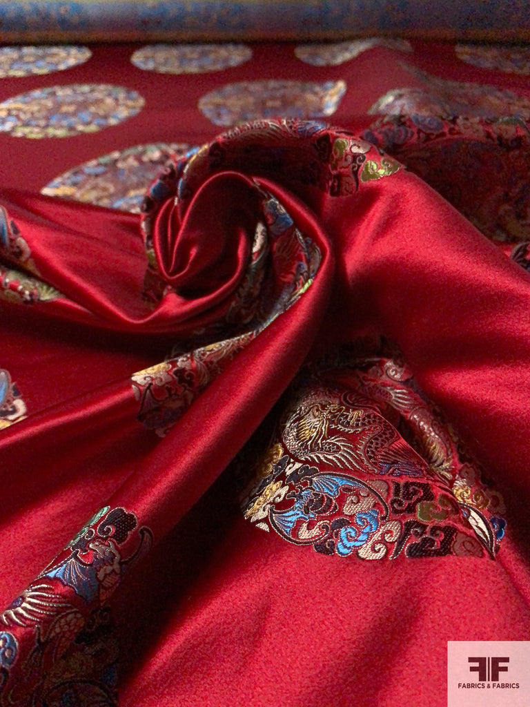 Ornate Circular Discs Oriental Satin Jacquard Brocade - Red / Navy ...