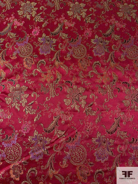 Exotic Floral Oriental Satin Jacquard Metallic Brocade - Red / Gold ...