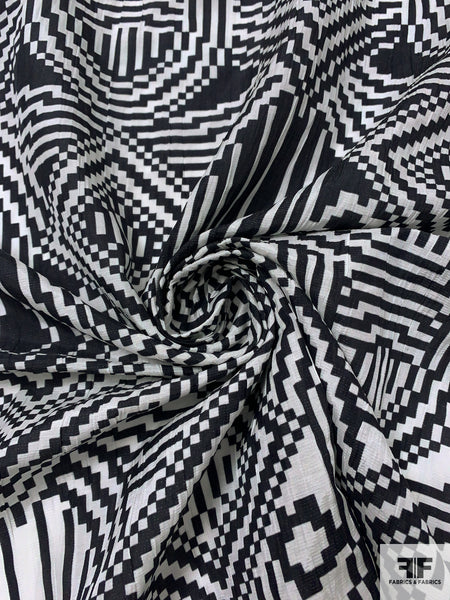 Italian Geo-Pixelated Printed Crinkled Shimmery Cotton Voile - Black ...