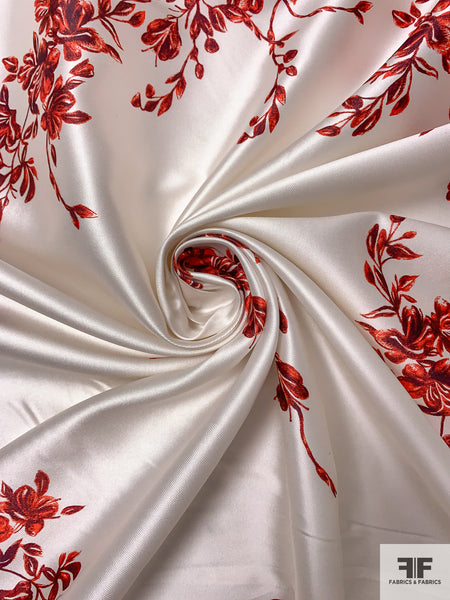 Romantic Floral Branches Printed Silk-Cotton Mikado - Red/Pearl White ...