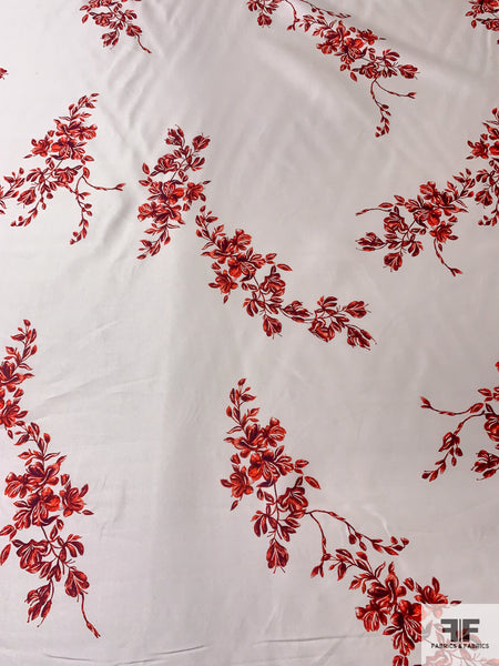 Romantic Floral Branches Printed Silk-Cotton Mikado - Red/Pearl White ...