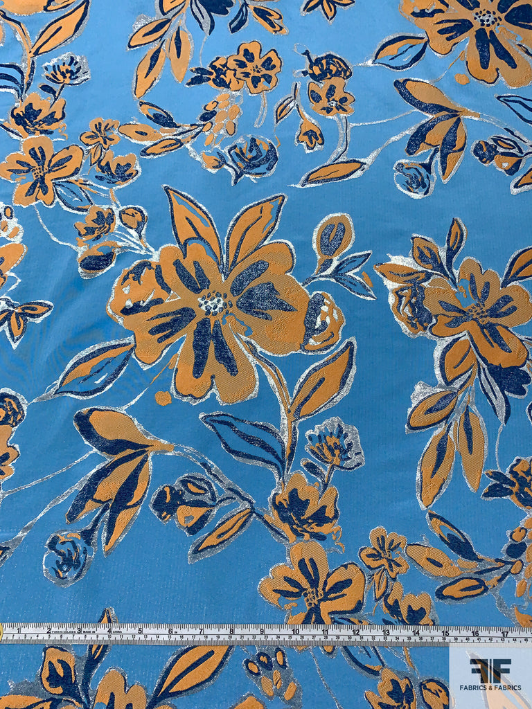 Italian Floral Silk Blend Lightweight Metallic Brocade - Blue / Orange ...