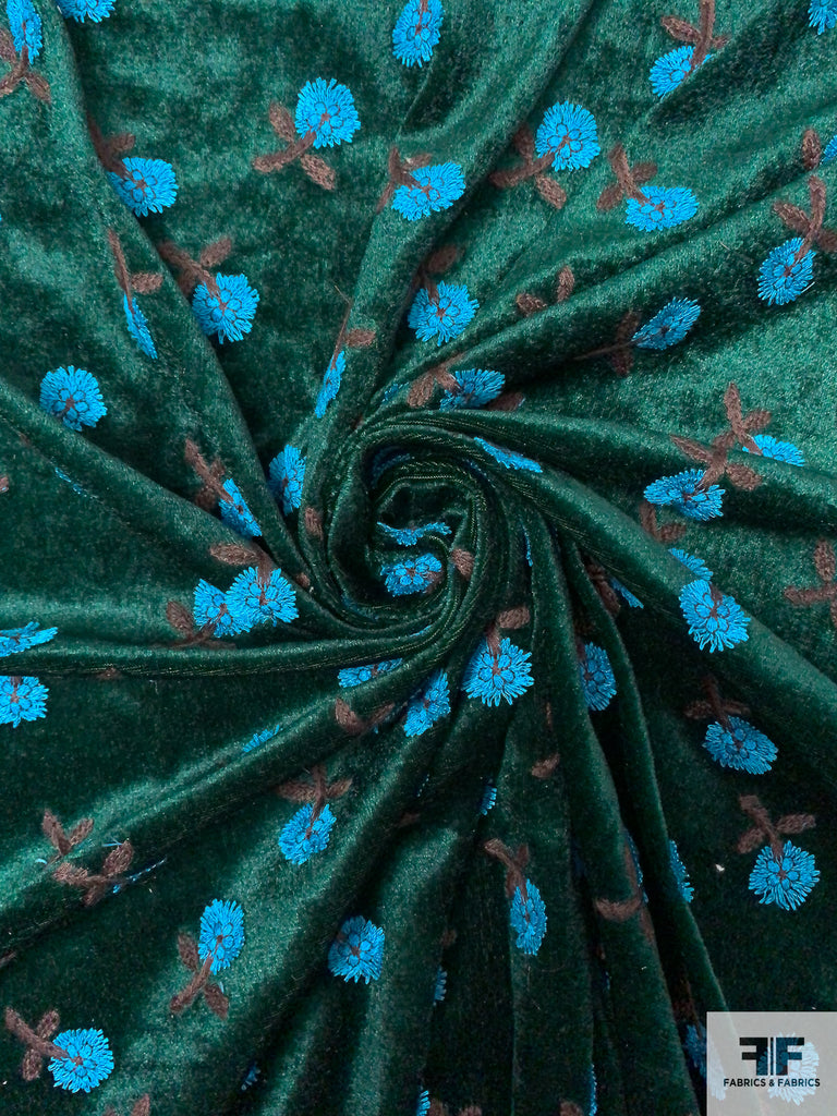 Floral Embroidered Velour - Evergreen / Turquoise Blue / Brown ...