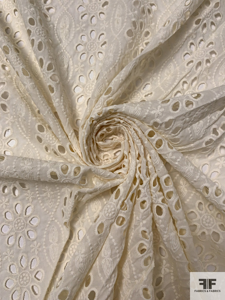 Floral and Oval Pattern Embroidered Eyelet Cotton Voile - Light Cream ...