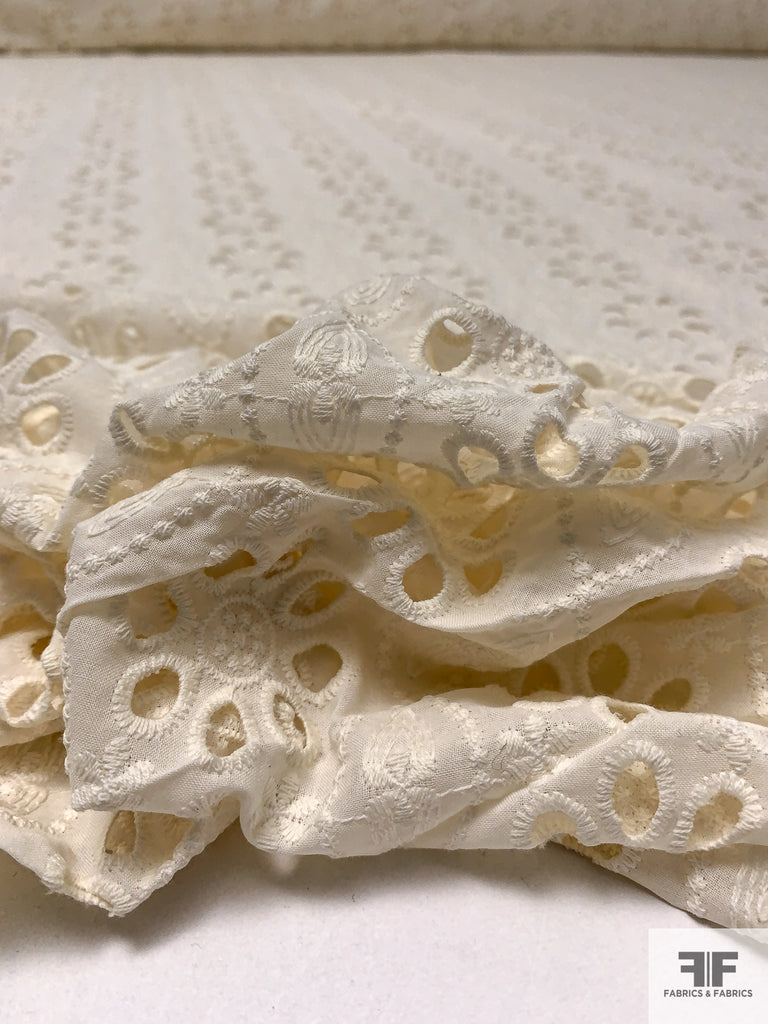 Floral and Oval Pattern Embroidered Eyelet Cotton Voile - Light Cream ...