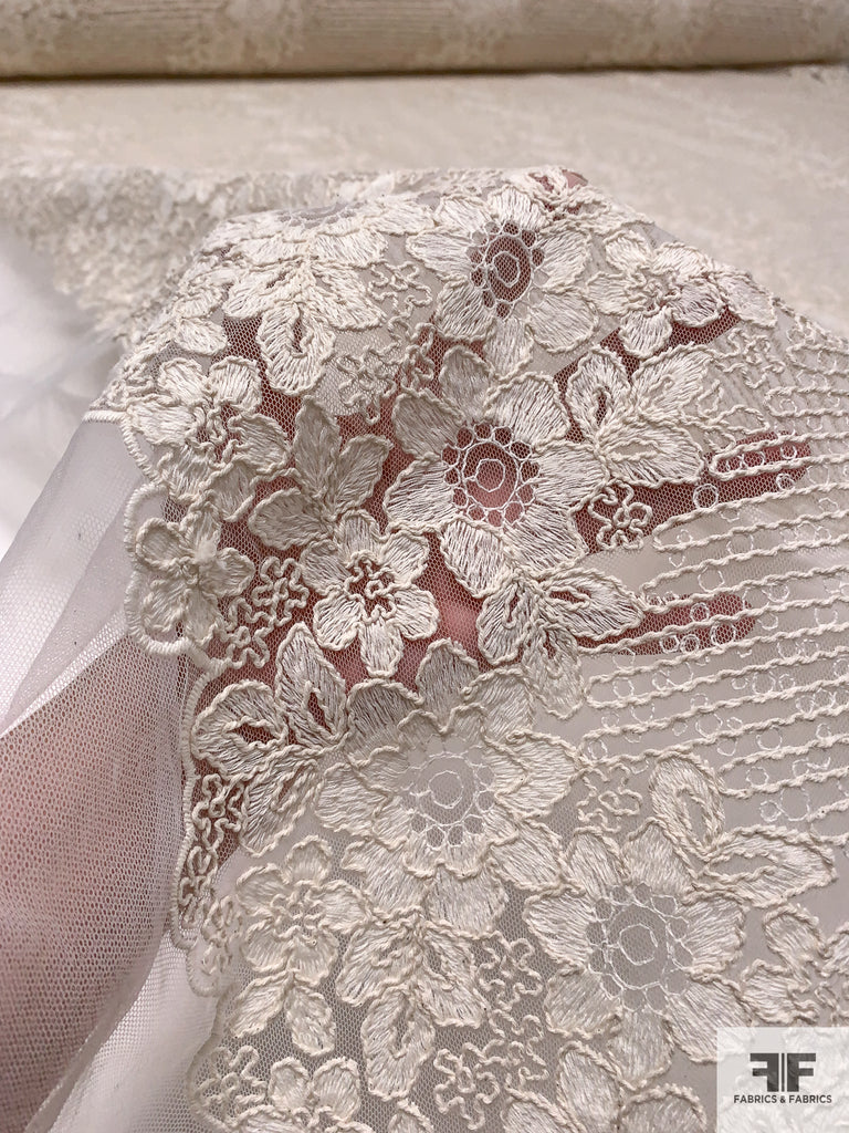 Floral Novelty Embroidered Tulle with Detailed Cording - Parchment ...