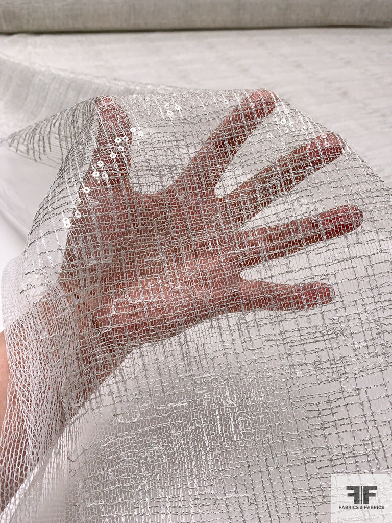 Metallic Embroidered Mesh-Netting with Sequins - Pearl White | FABRICS ...