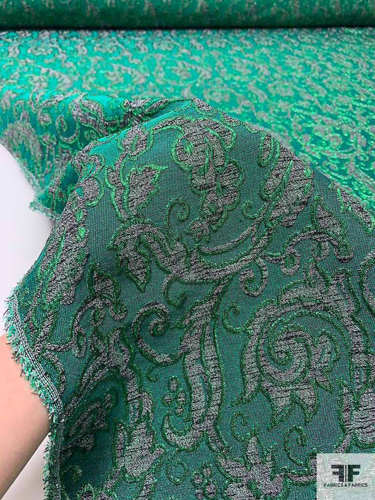 French Paisley Vine Metallic Brocade - Green/Emerald/Grey/Black ...