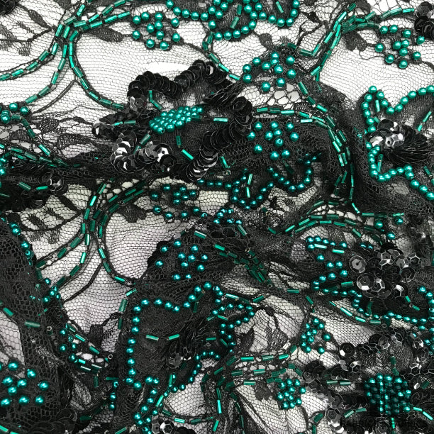 Couture Beaded Chantilly Lace - Black/Teal - Fabrics & Fabrics