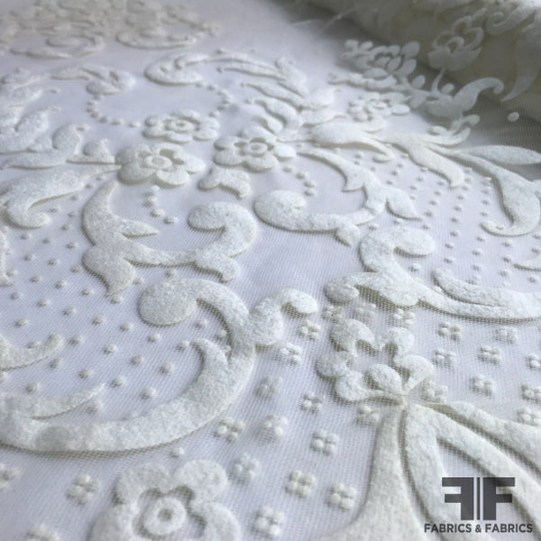 White Floral Motif Flocked Tulle - Fabrics & Fabrics