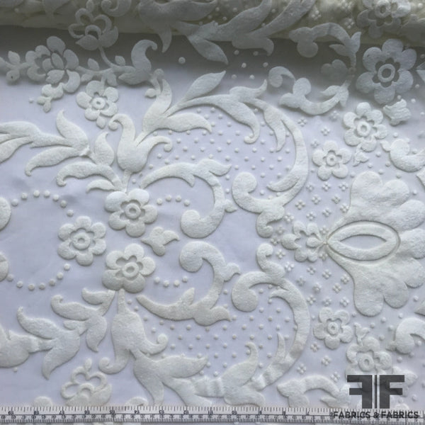 White Floral Motif Flocked Tulle - Fabrics & Fabrics