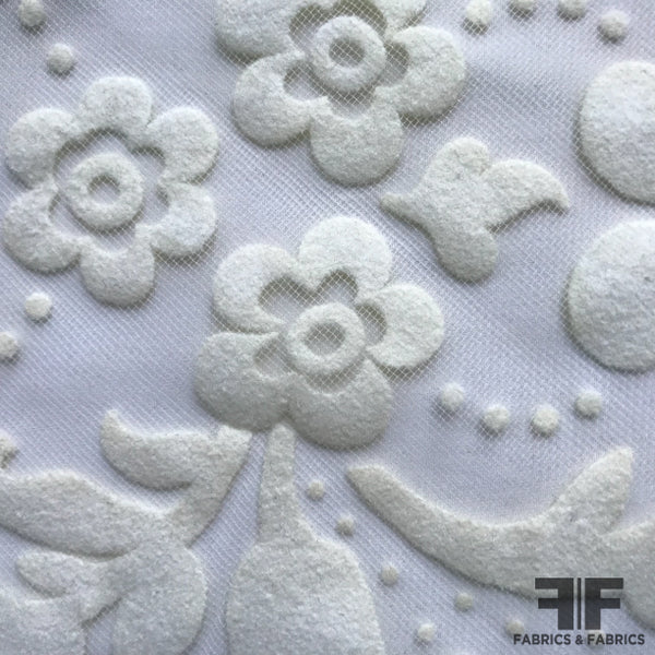 White Floral Motif Flocked Tulle - Fabrics & Fabrics
