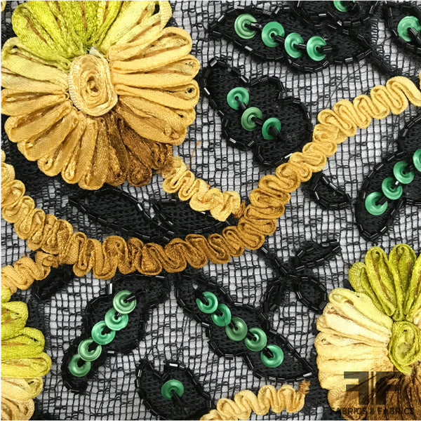 Couture Floral Beaded/Embroidered Netting -Yellow/Black - Fabrics & Fabrics