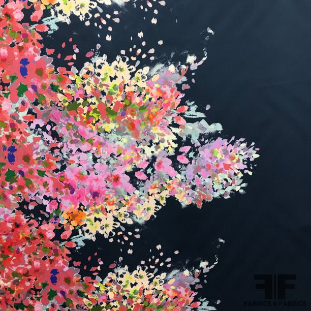 Twill Floral Border Print - Navy/Multicolor - Fabrics & Fabrics