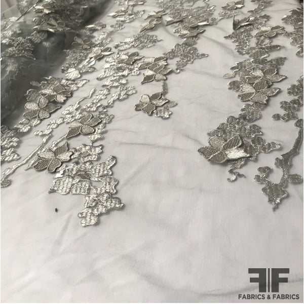 3D Floral Applique Embroidered Netting - Silver – Fabrics & Fabrics