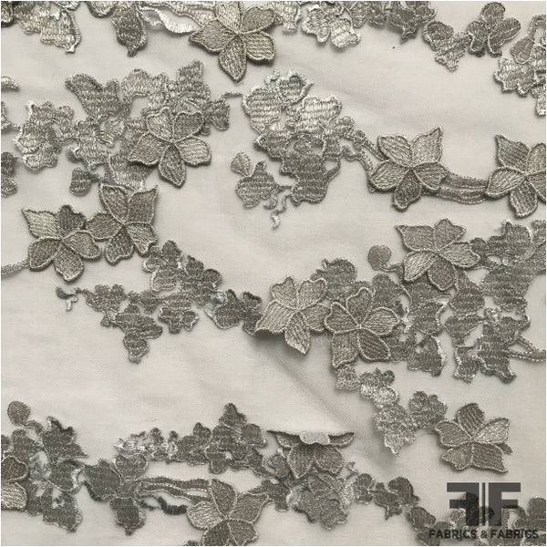 3D Floral Applique Embroidered Netting - Silver – Fabrics & Fabrics