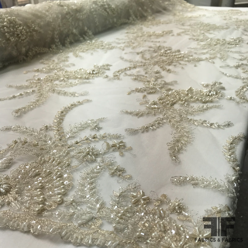 Couture Floral Beaded Netting - Ivory/Silver – Fabrics & Fabrics