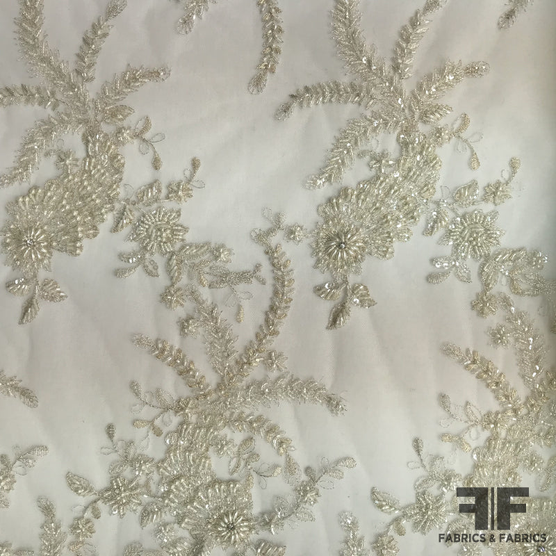 Couture Floral Beaded Netting - Ivory/Silver – Fabrics & Fabrics