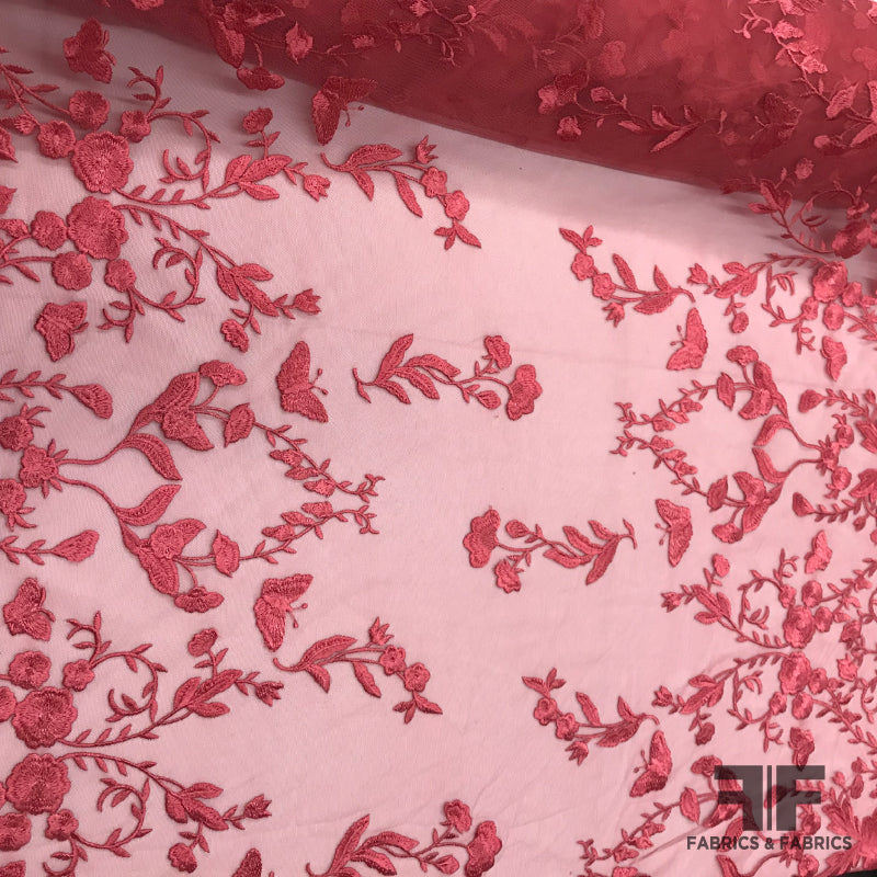 Floral Embroidered Netting - Dark Rose – Fabrics & Fabrics