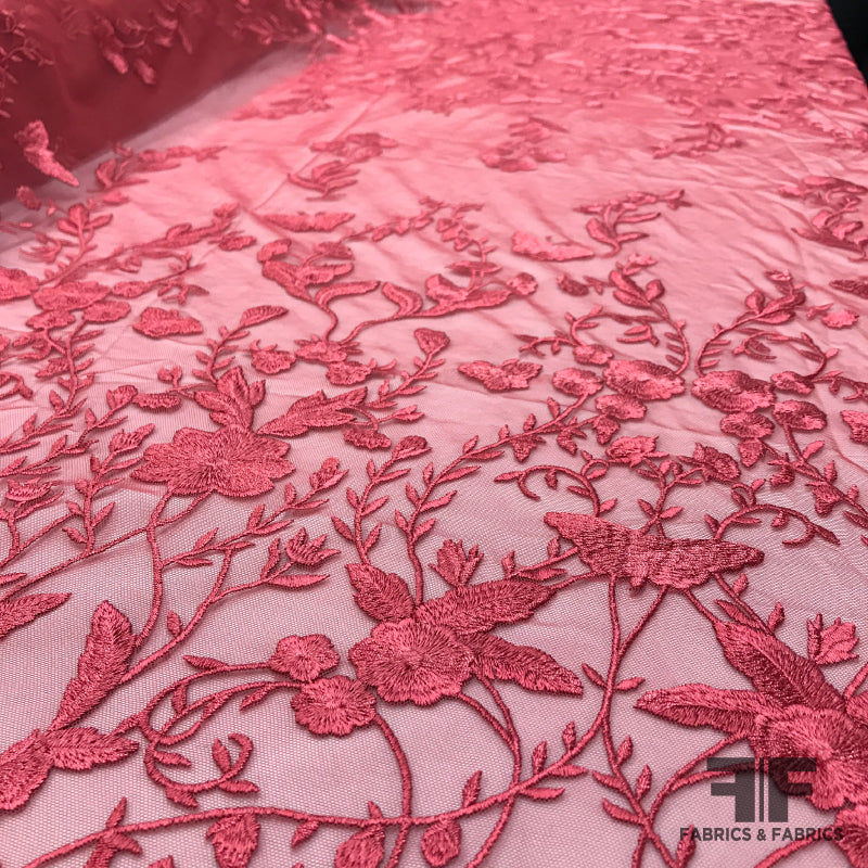 Floral Embroidered Netting - Dark Rose – Fabrics & Fabrics