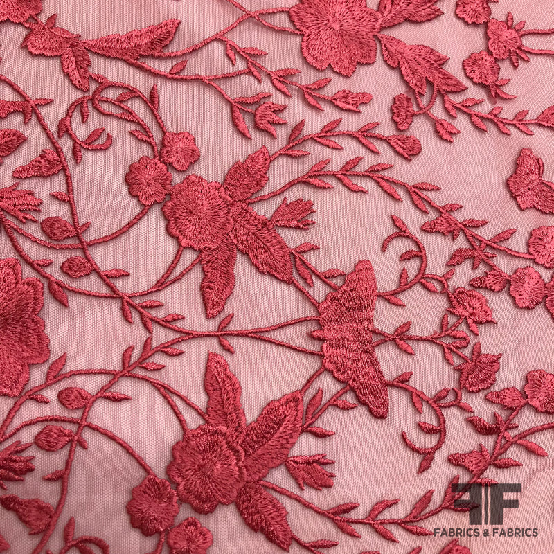 Floral Embroidered Netting - Dark Rose – Fabrics & Fabrics