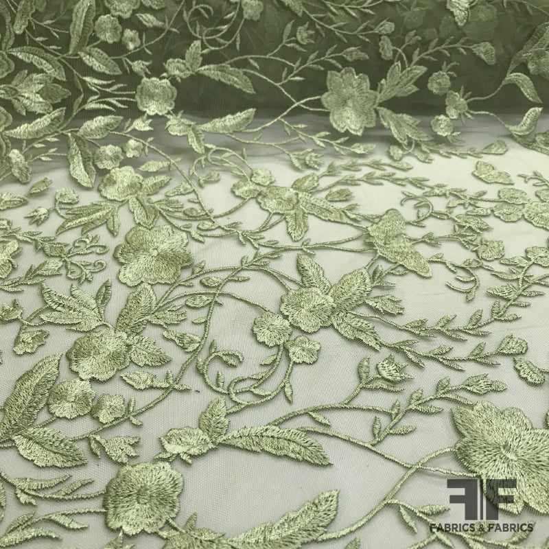 Floral Embroidered Netting - Pale Green – Fabrics & Fabrics