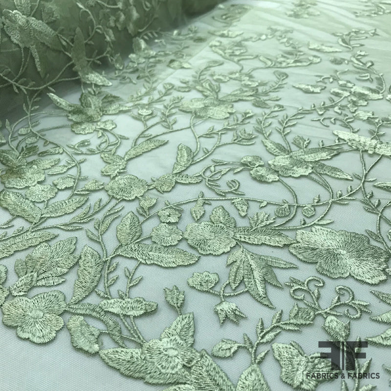 Floral Embroidered Netting - Pale Green – Fabrics & Fabrics