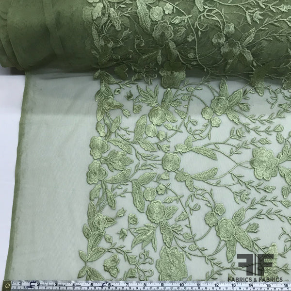 Floral Embroidered Netting - Pale Green – Fabrics & Fabrics