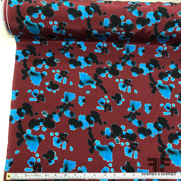 Abstract Painterly Splattered Silk Crepe de Chine - Burgundy/Black/Blu ...
