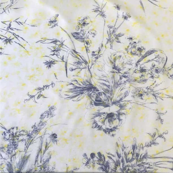 Floral Line-Drawing Silk Chiffon - White/Navy/Yellow – Fabrics & Fabrics