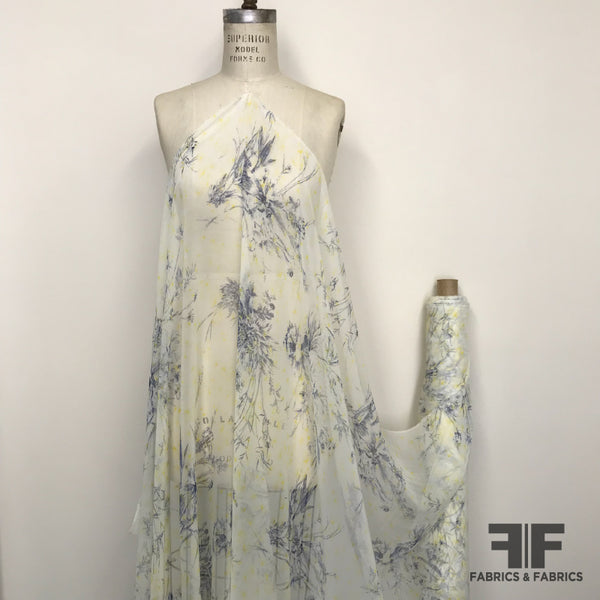 Floral Line-Drawing Silk Chiffon - White/Navy/Yellow – Fabrics & Fabrics